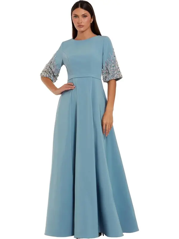 Mac Duggal Crepe Gown With Embellished Sleeves - Blue