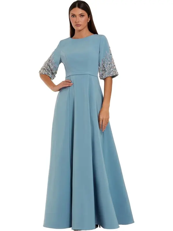 Mac Duggal Crepe Gown With Embellished Sleeves - French Blue