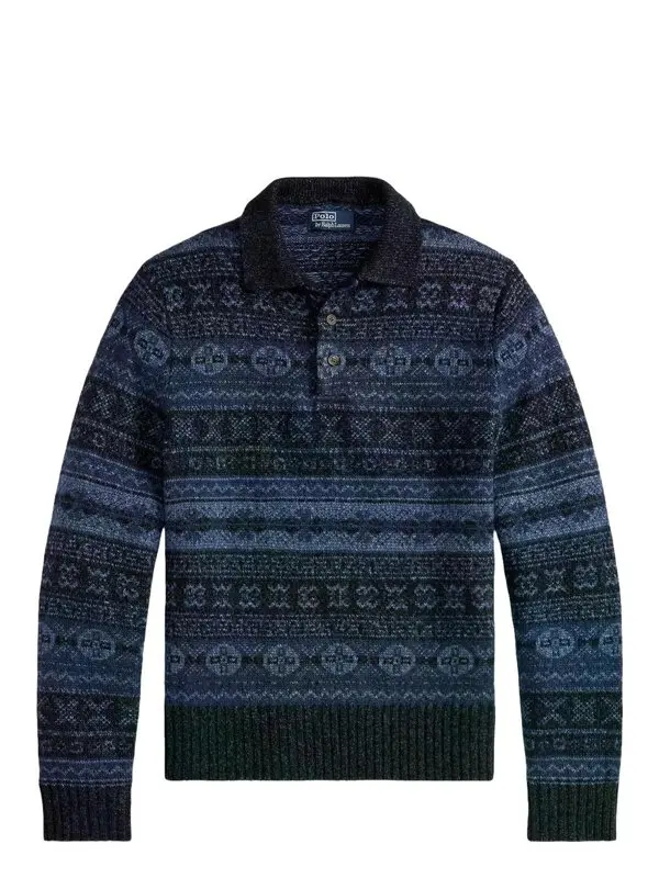Ralph Lauren Collared Patterned Knit Sweater - Blue