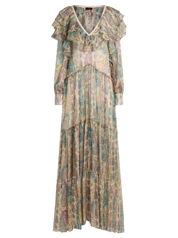 Etro Paisley-print Silk Maxi Dress With Ruffled Details - Neutrals
