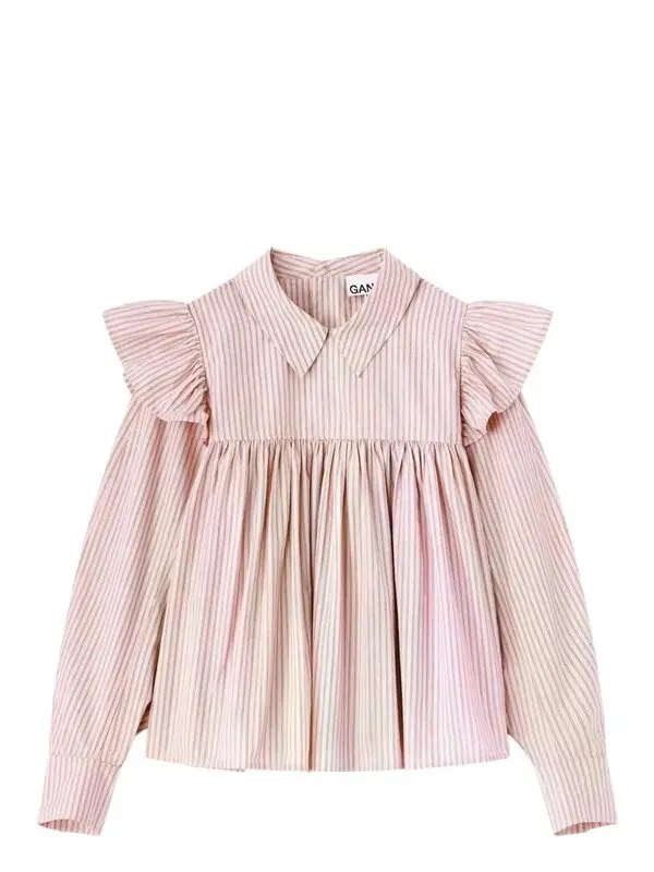 GANNI Striped Ruffled Top - Pink