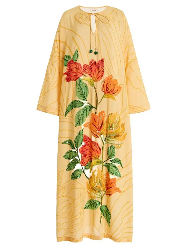 Verandah Embellished Viscose Kaftan Dress - Yellow