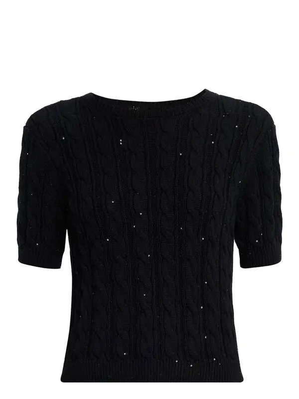 FRAME Sequin Embellished Cable Knit Sweater - Black