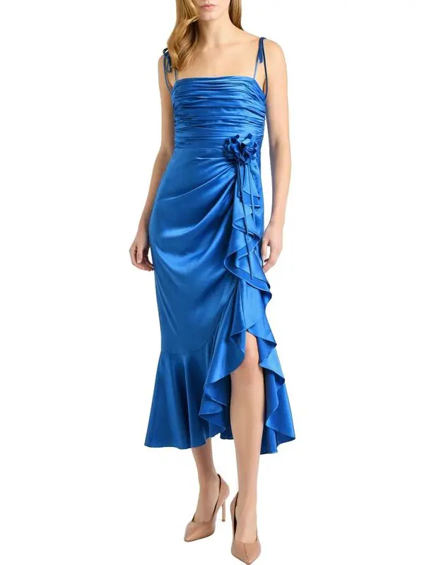 Cinq À Sept Mireya Ruched Ruffle Sleeveless Silk Maxi Dress - Cobalt Wave