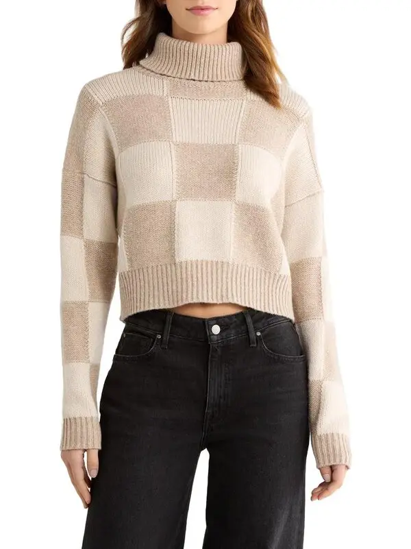 Splendid Thea Check Crop Turtleneck Sweater - Pale Oak White/brown