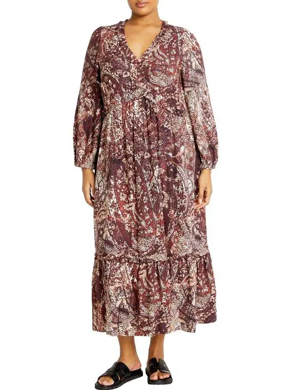 City Chic Arya Print Long Sleeve Maxi Dress - Chocolate Print