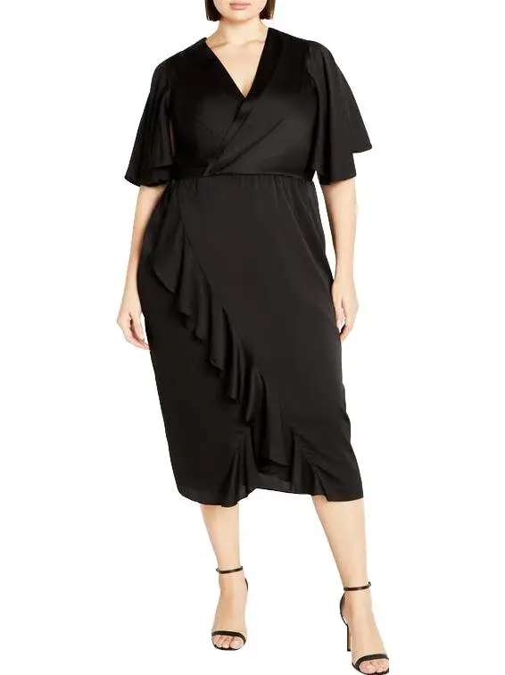 City Chic Sateen Faux Wrap Midi Dress - Black
