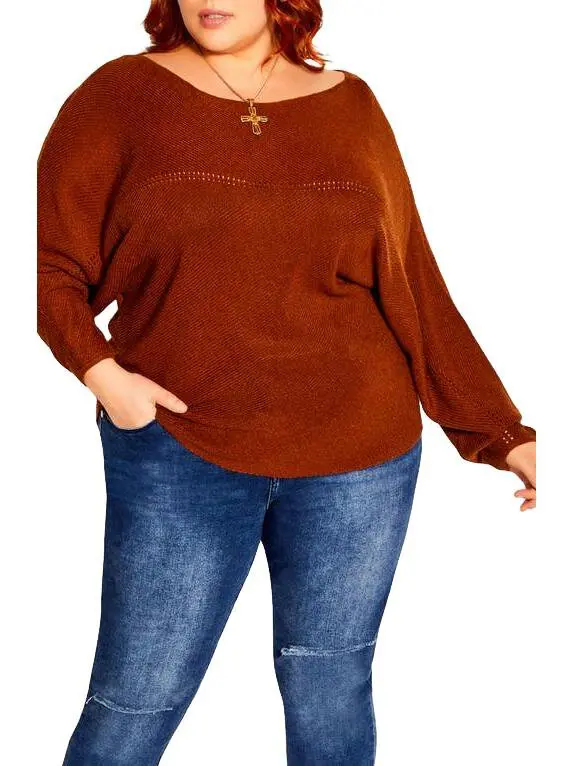 City Chic Romance One-shoulder Sweater - Chocolate
