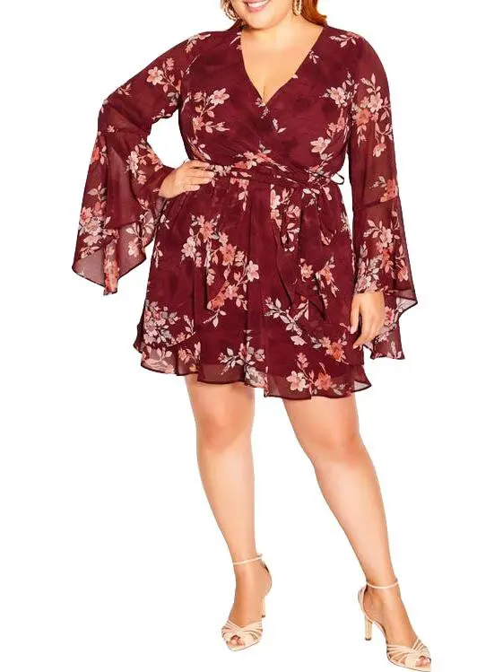 City Chic Danna Print Long Sleeve Faux Wrap Dress - Red Print