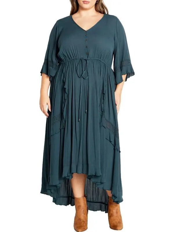 City Chic Rosie Lace Trim High-low Maxi Dress - Teal