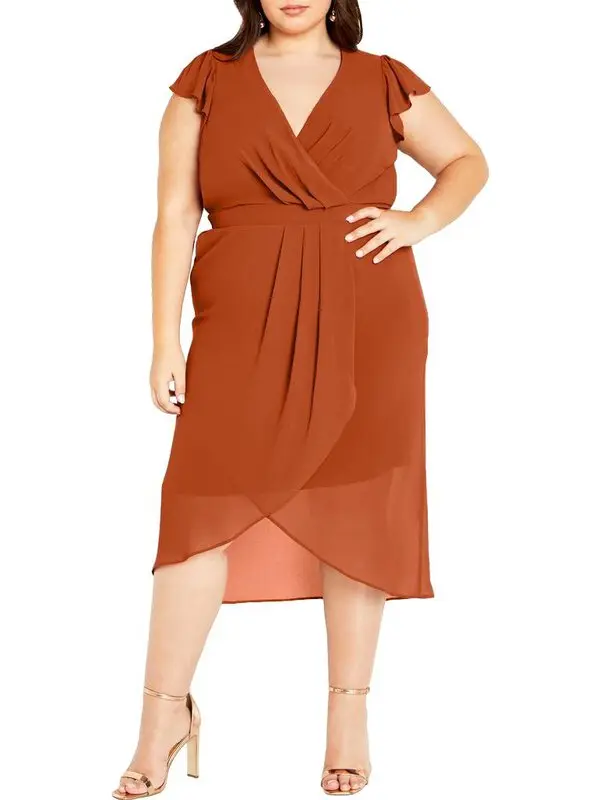 City Chic Pleated Flutter-sleeve Midi Dress - Honey
