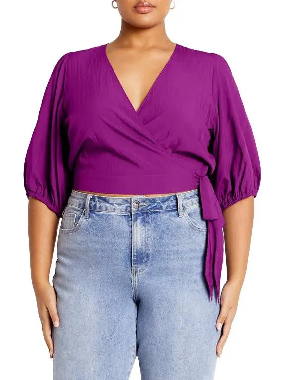 City Chic Faux Wrap Crop Top - Magenta