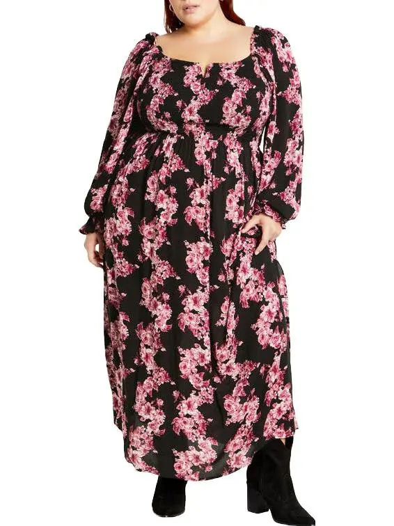 City Chic Calla Print Long Sleeve Maxi Dress - Black/pink Floral