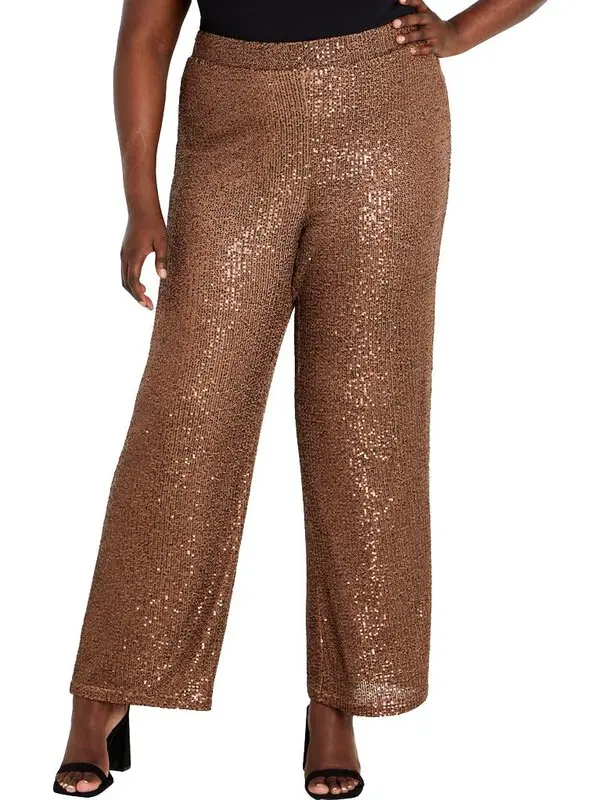 City Chic Nalani Sequin Wide-leg Pants - Brown Shimmer