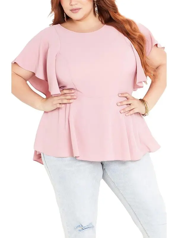 City Chic Romantic Mood Flutter Sleeve Top - Pink