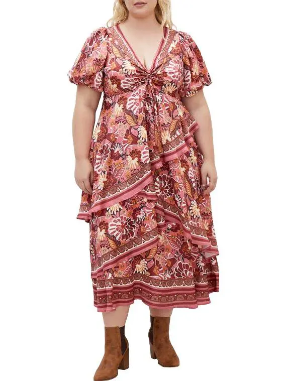 City Chic Thea Floral Tiered Puff Sleeve Midi Dress - Rose Floral