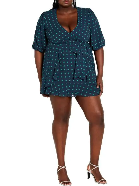 City Chic Puff Sleeve Faux Wrap Dress - Navy/green Dot