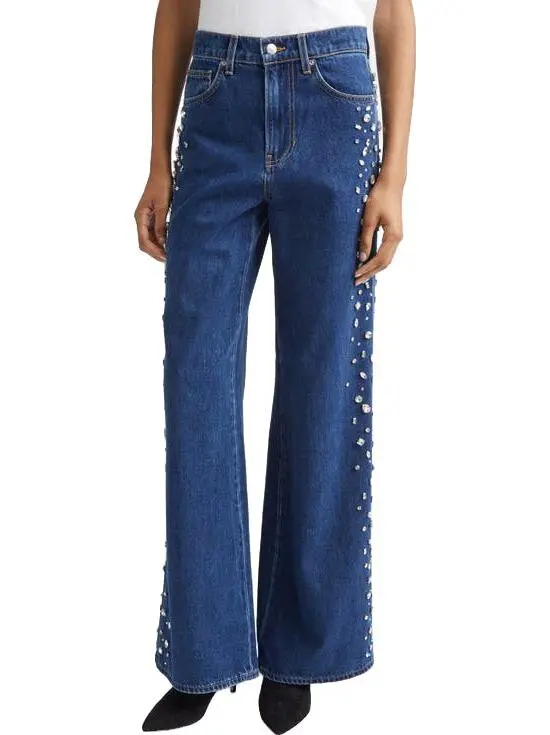 Veronica Beard Kasey Embellished Wide Leg Jeans - Stoned Bright Blue