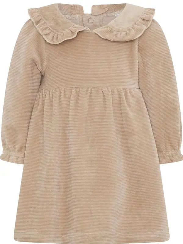 TINY TRIBE Ruffle Collar Long Sleeve Cotton Blend Corduroy Dress - Mocha