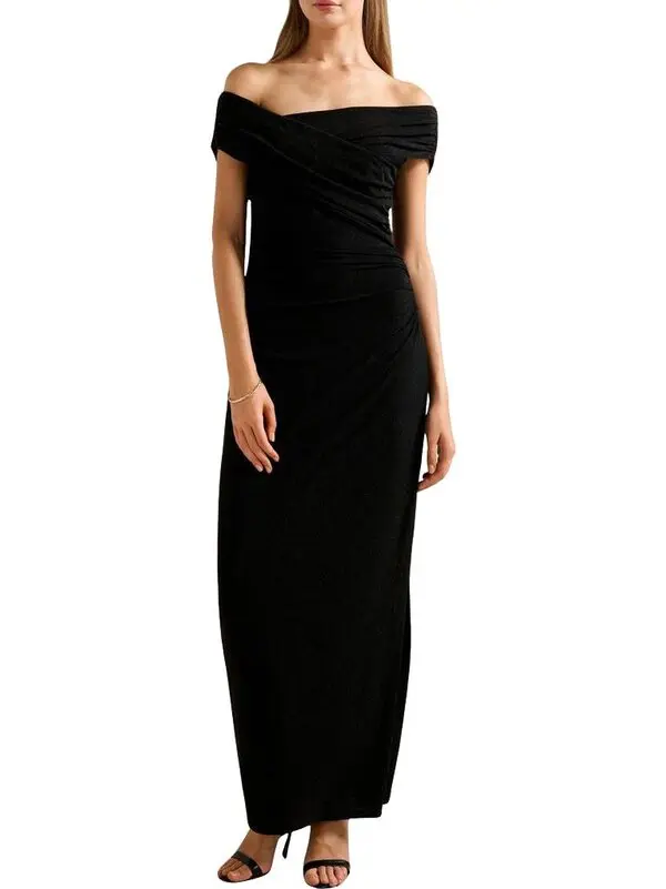EVER NEW Sandy Glitter Asymmetric Off-the-shoulder Evening Dress - Black