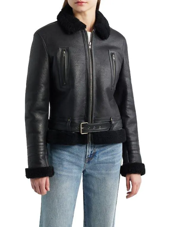 Frye Leather Jacket With Genuine Shearling Trim - Black