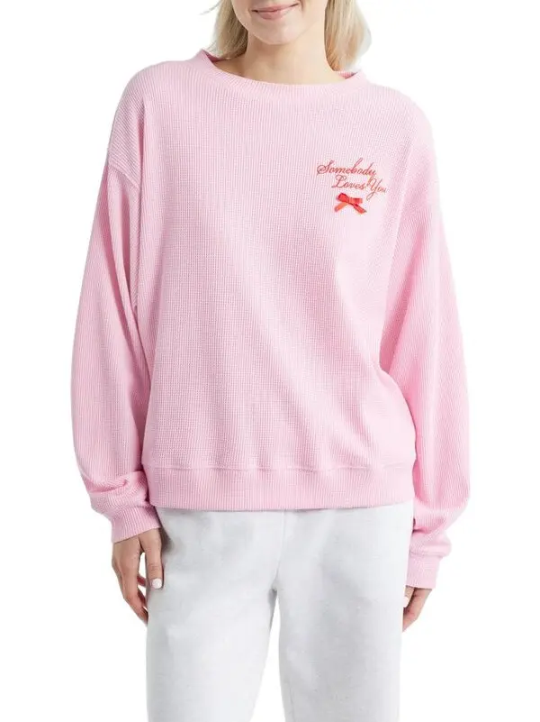 THE MAYFAIR GROUP Waffle-knit Graphic Top With Embroidery And Bow Detail - Pink