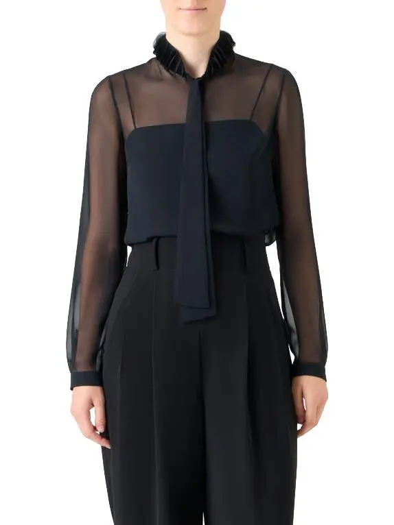Akris Ruffle Mock Neck Sheer Button-up Shirt - Black