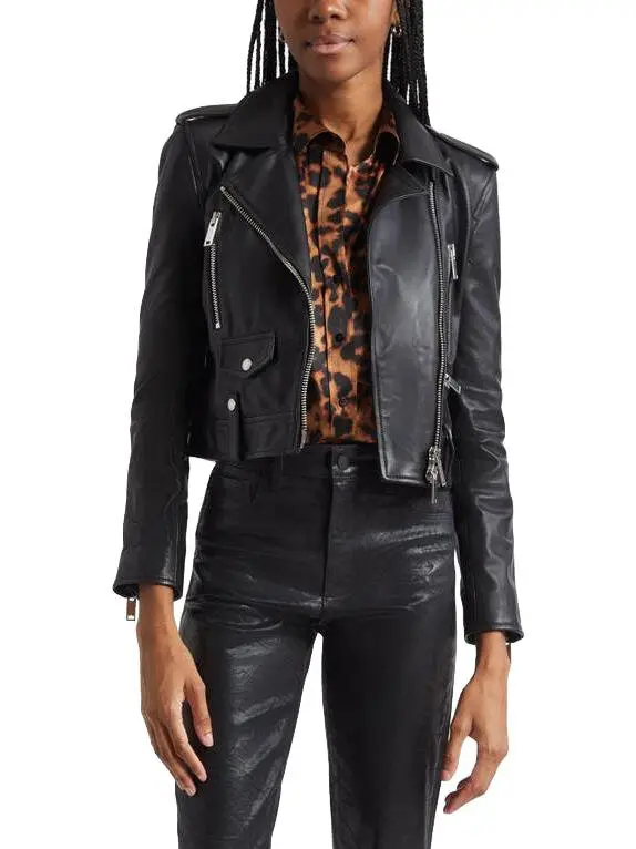L'Agence Blakely Cropped Leather Biker Jacket - Black