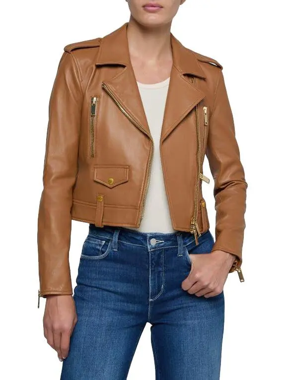 L'Agence Blakely Cropped Leather Biker Jacket - Soft Cognac