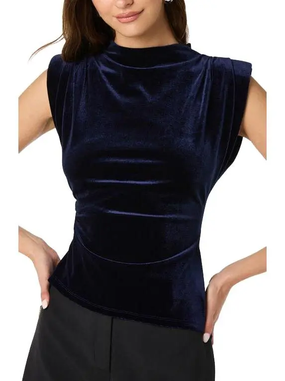 Astr The Label Strong Shoulder Velvet Top - Navy