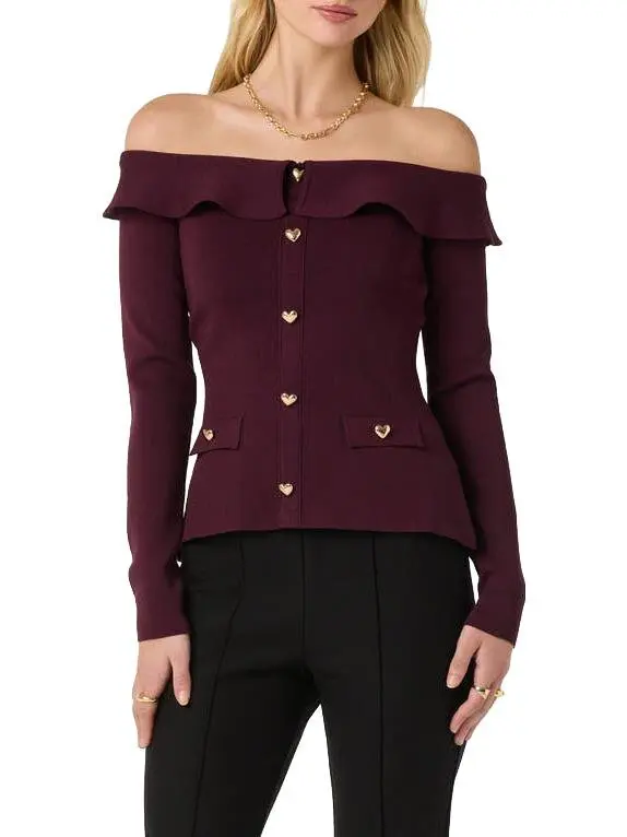 Astr The Label Heart Button Off-the-shoulder Sweater - Burgundy