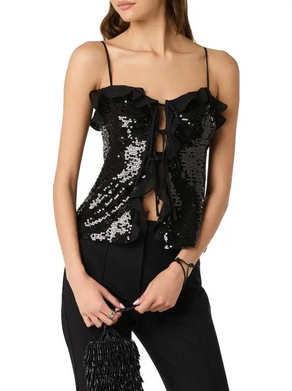 Astr The Label Sequin Ruffle Trim Tie-front Top - Black