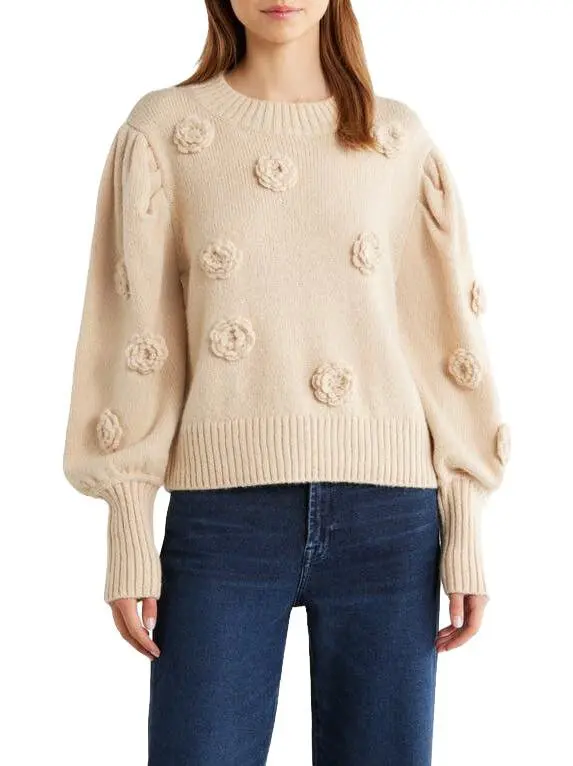 Farm Rio 3d Crochet Flower Crewneck Sweater - Sand