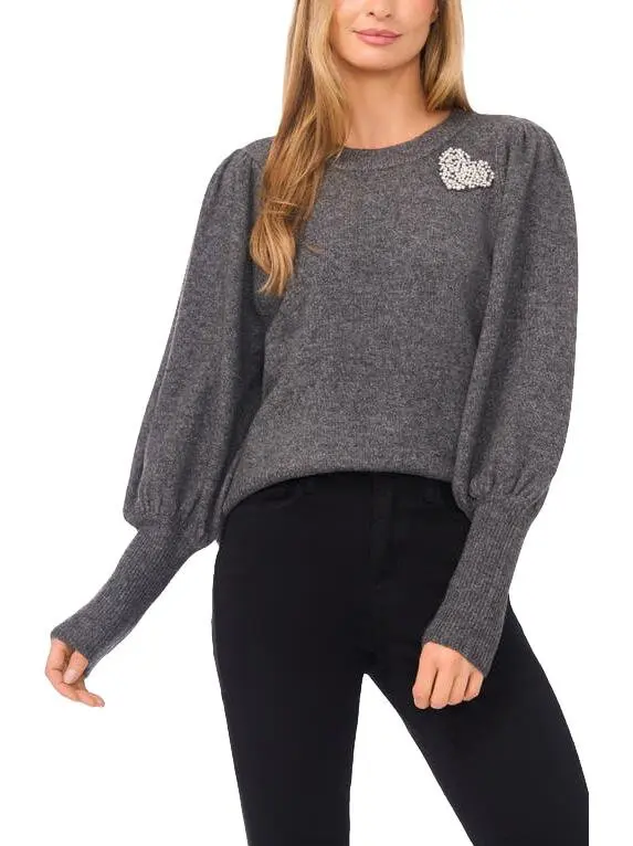 CECE DUPRAZ Faux Pearl Heart Embellished Crewneck Sweater - Medium Heather Grey