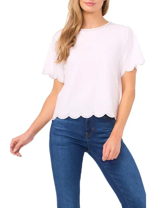 CECE DUPRAZ Embellished Scalloped Trim Jersey Top - Ultra White