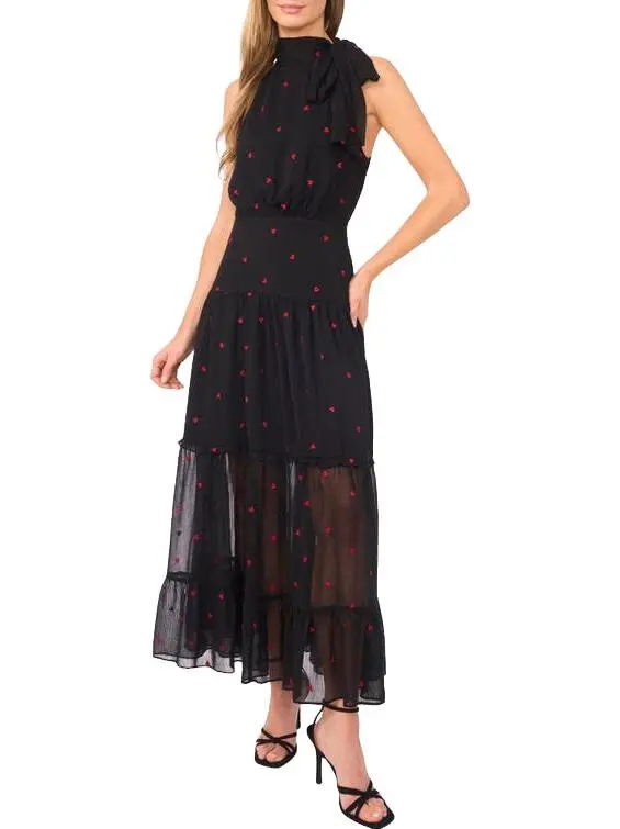 CECE DUPRAZ Embroidered Sleeveless Tiered Maxi Dress - Rich Black