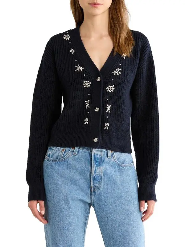 ALL IN FAVOR Bead Detail Ribbed Cardigan - Navy