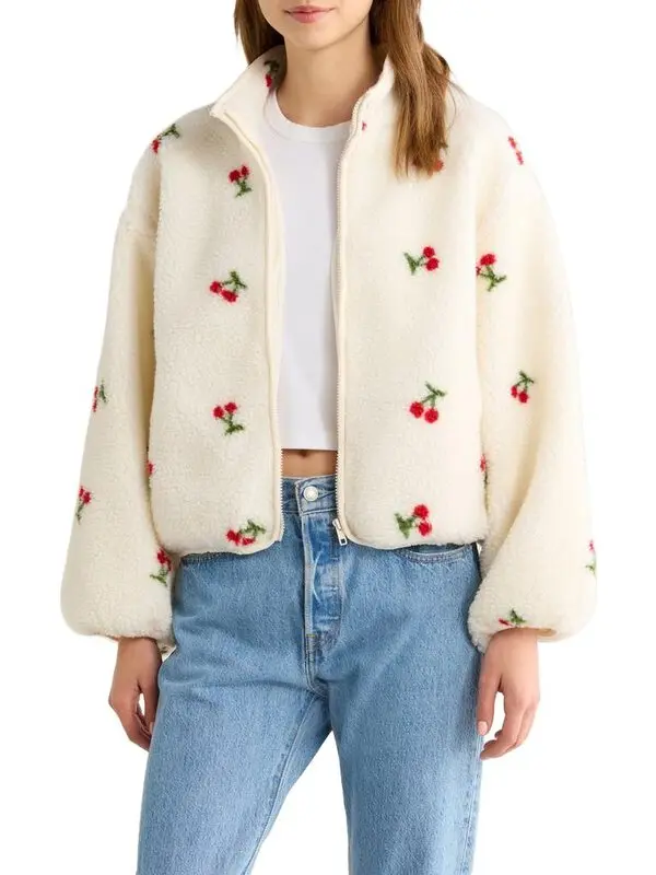 ALL IN FAVOR Cherry Print High Pile Fleece Jacket - Ivory Cherry