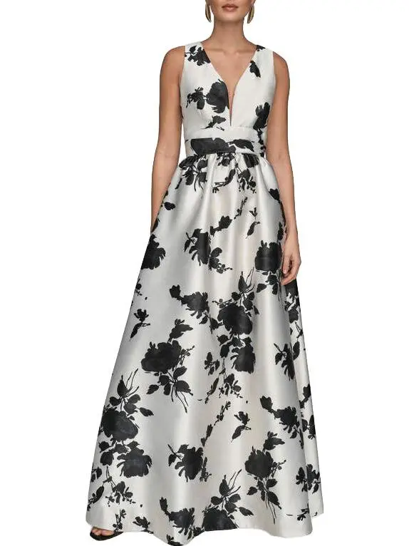 Donna Karan New York Floral A-line Gown With Pockets - Cream/black