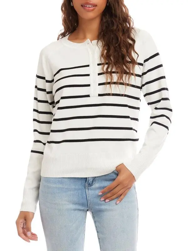 Karen Kane Stripe Henley Sweater - Off White/black