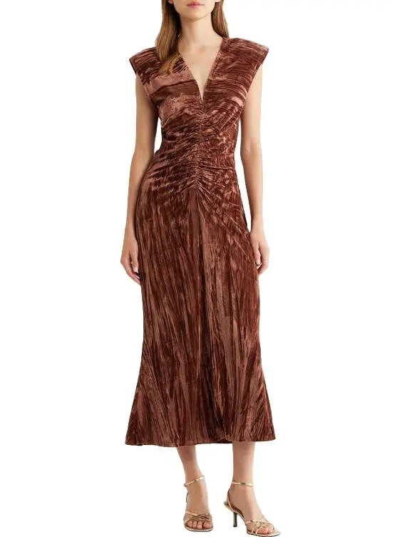 Astr The Label Daisha Ruched Velour Midi Dress - Brown