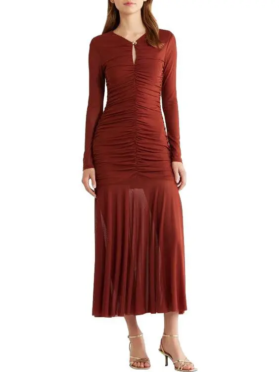 Astr The Label Yasmine Long Sleeve Midi Dress - Rust