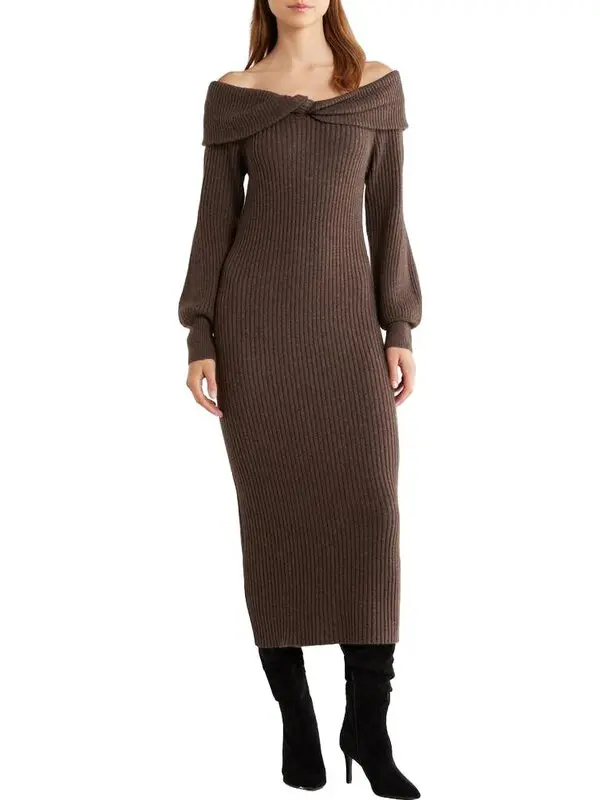 Astr The Label Tilde Long Sleeve Rib Sweater Dress - Walnut