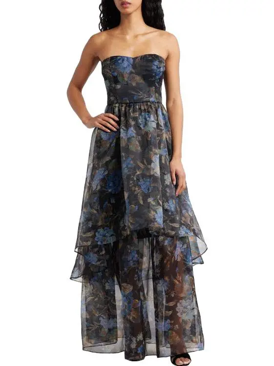 Lulus Marie Strapless Tiered Maxi Dress - Black Floral