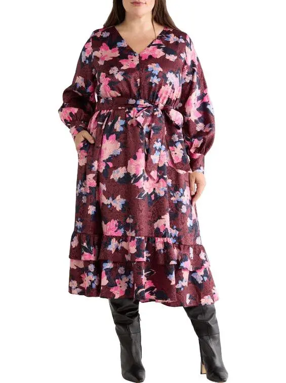 Caslon Belted Long-sleeve Satin Midi Dress - Burgundy- Blue Georgia Blooms