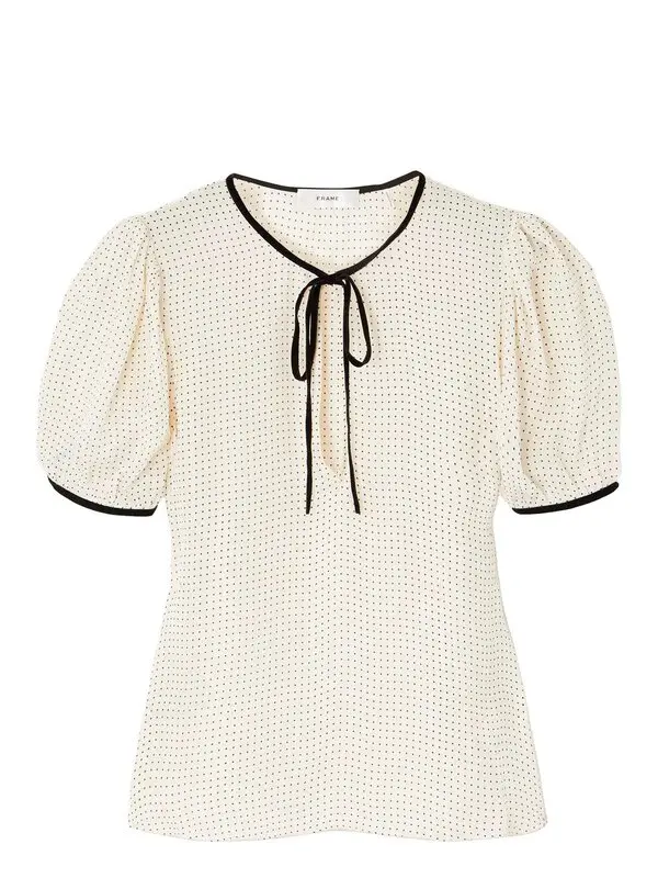 FRAME Velvet-trimmed Polka Dot Silk-chiffon Blouse - Cream