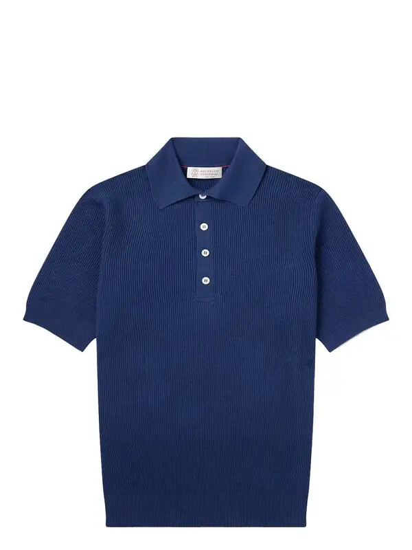 Brunello Cucinelli Ribbed Cotton Polo Shirt - Blue