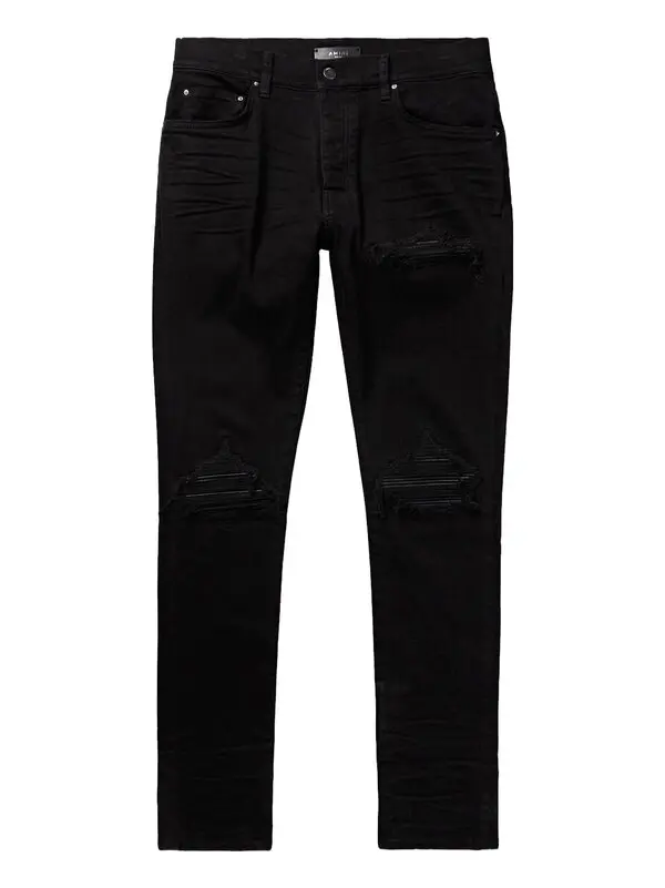 Amiri Mx1 Skinny-fit Leather-panelled Distressed Jeans - Black