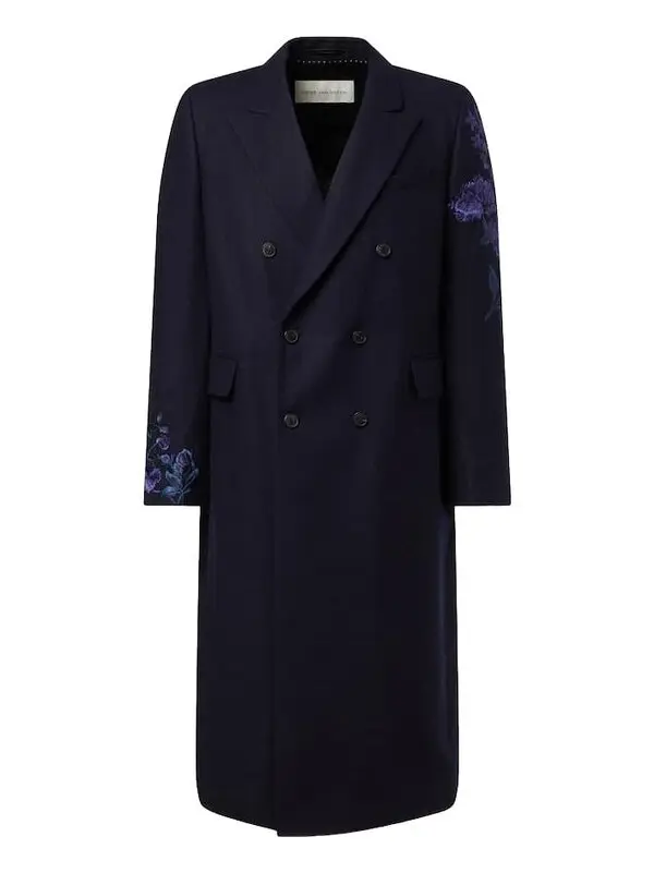 Dries Van Noten Floral Double-breasted Wool Coat - Blue