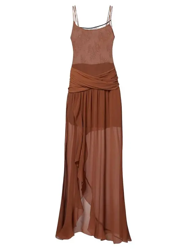 JACQUES WEI Draped Ruffled Maxi Dress - Brown